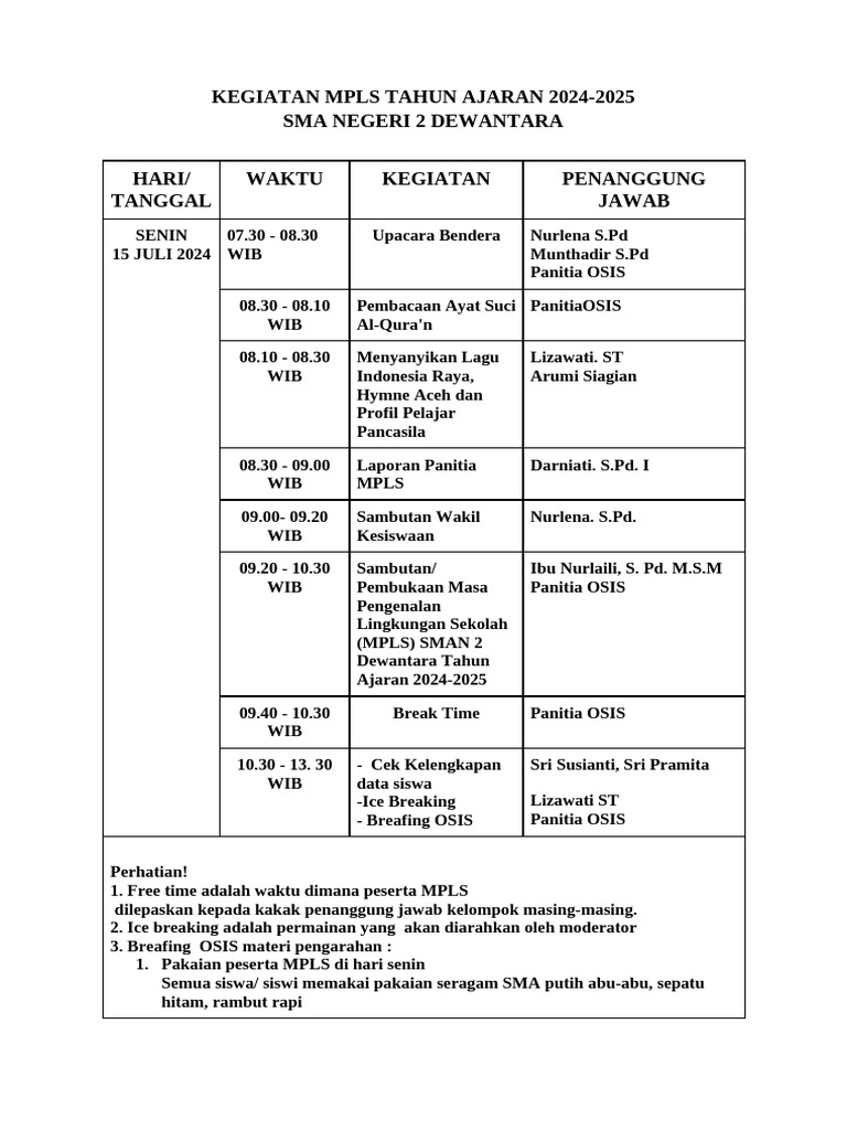 Rundown Kegiatan Mpls Tahun Ajaran 2024-2025 | PDF