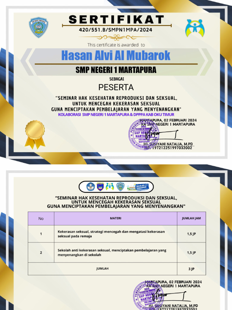 Sertifikat Hasan Alvi Al Mubarok Seminar Hak Kesehatan Reproduksi Dan Seksual | PDF