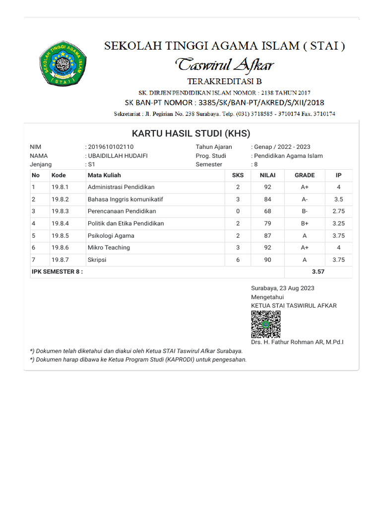 Kartu Hasil Studi (KHS) : No Kode Mata Kuliah SKS Nilai Grade IP | PDF