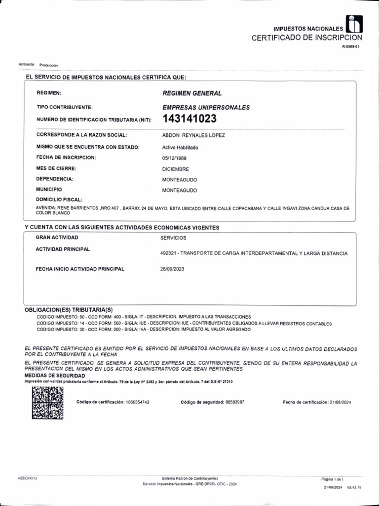 Certificado de Inscripcion | PDF