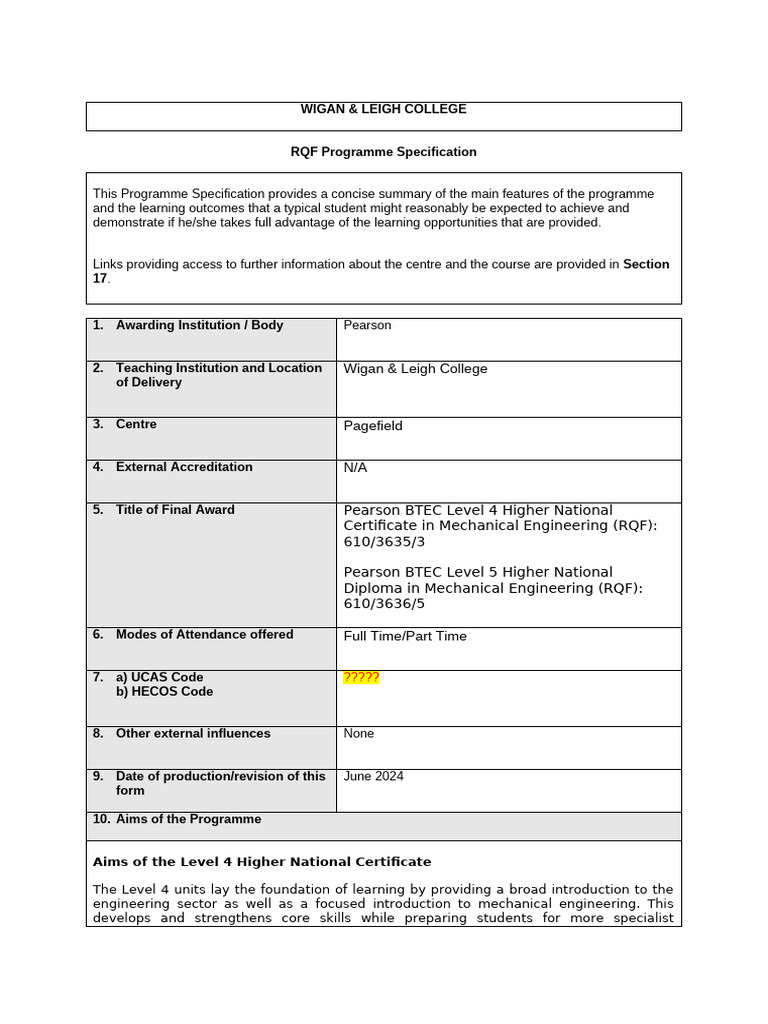 Programme Specification RQF HNC-D Mech Eng 2024-25 | PDF