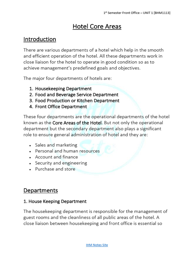 1.2 Hotel Core Areas | PDF | Finance & Money Management