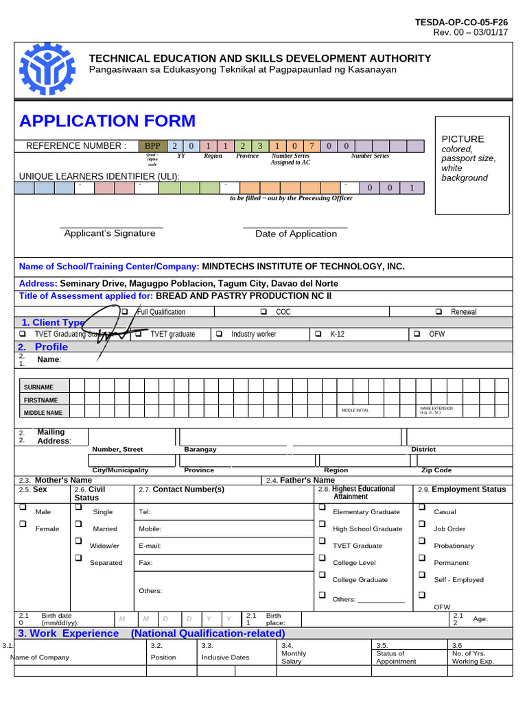 COC_Bread and Pastry Production NC II - Application Form | PDF