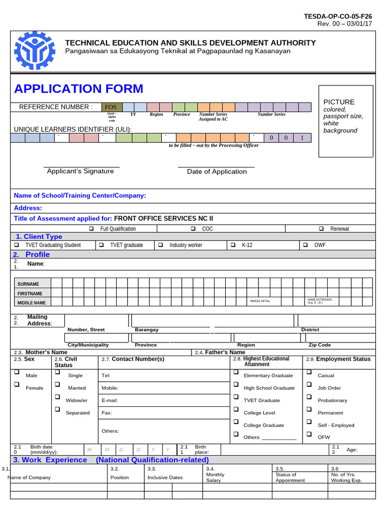 Front Office Services NC II - Application Form | PDF
