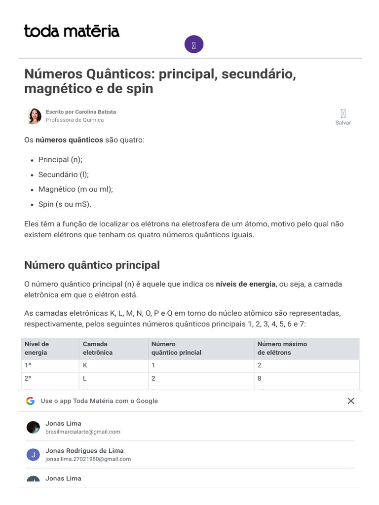 Números Quânticos: Tipos e Exemplos | PDF | Elétron | Ciências e Matemática