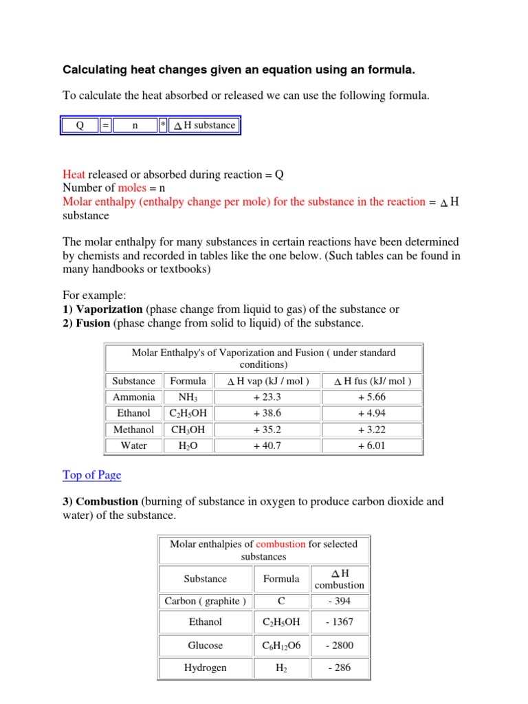 Calculating Heat Changes Given An Equation Using An Formula | PDF ...