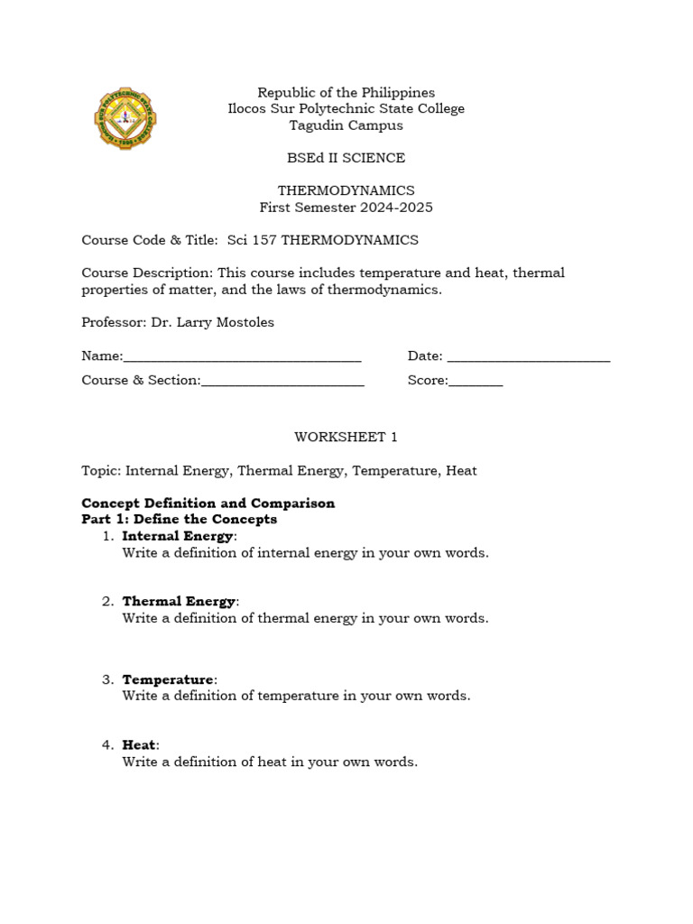 Thermodynamics Worksheet 1 | PDF
