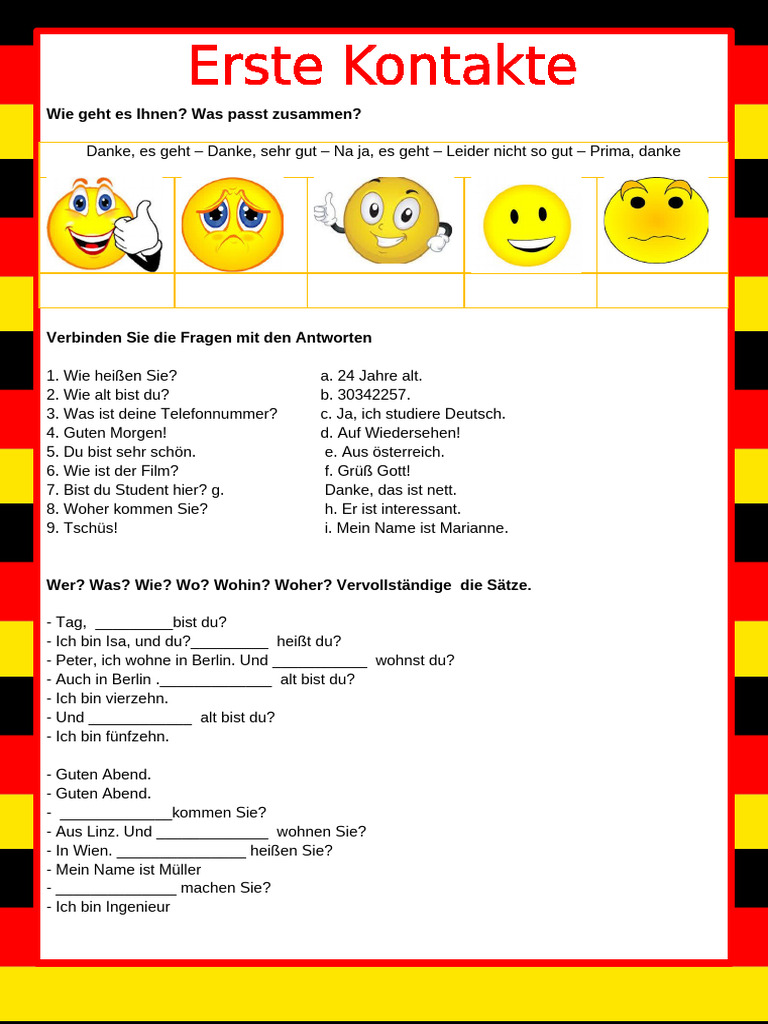Willkommen Auf Deutsch Erste Kontakte Fragen Arbeitsblatter Einszueins ...