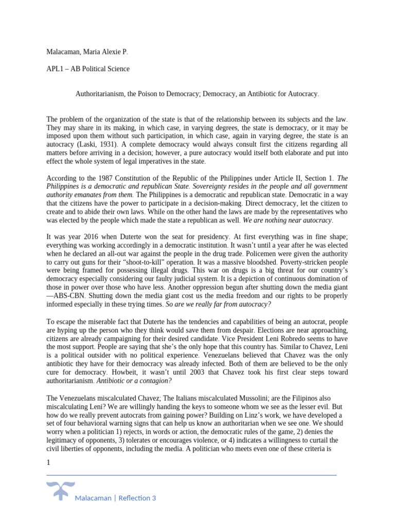 Polsci Reflection Paper 3 | PDF