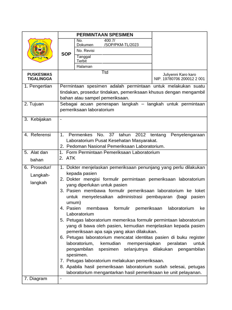 3.9.1.c SOP Penerimaan Spesimen | PDF