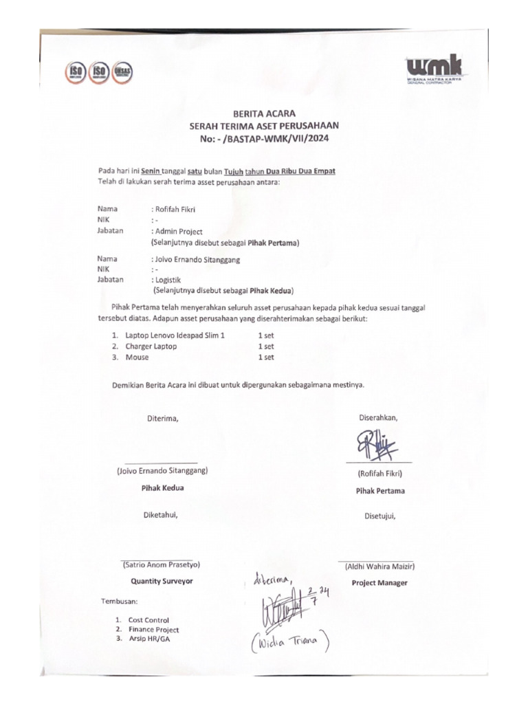 BERITA ACARA TTD Kak Widia | PDF