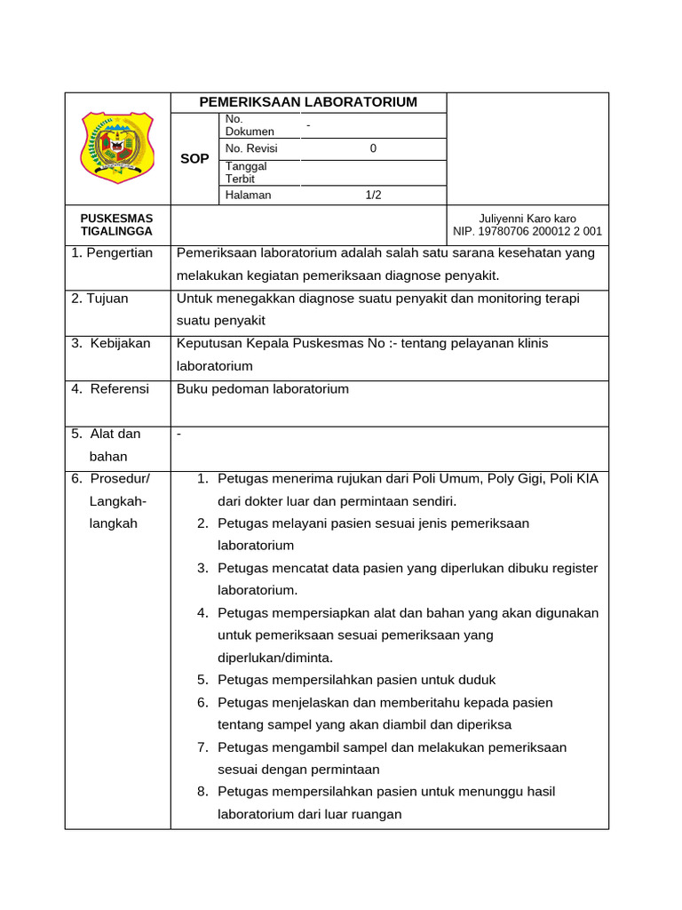 Sop Pemeriksaan Lab | PDF