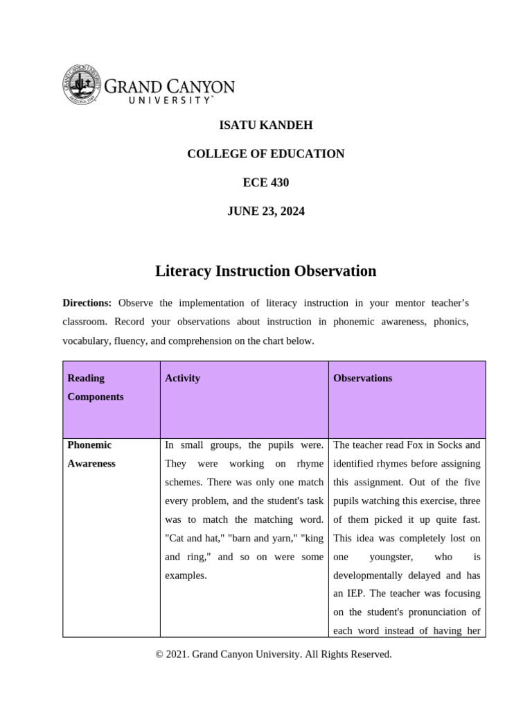 Literacy Instruction Observation | PDF