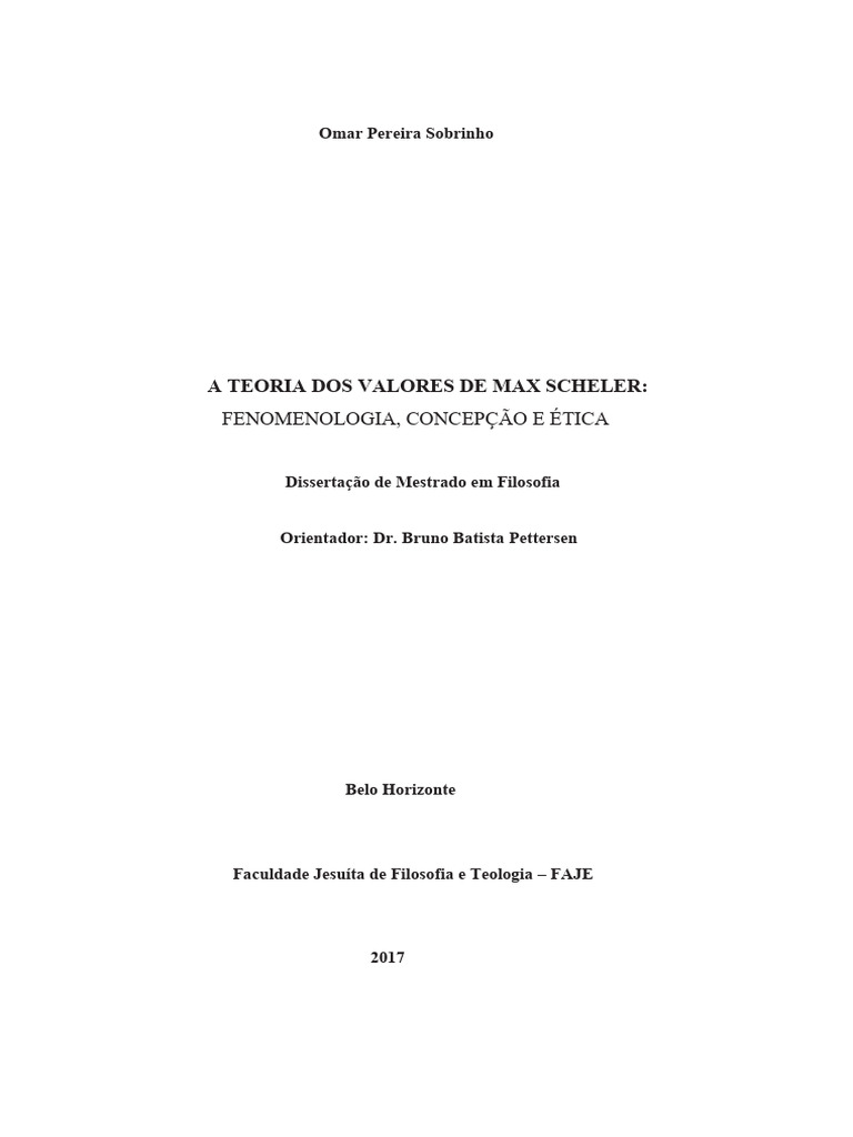 A Teoria Dos Valores de Max Scheler - Fenomenologia, Concepção e Ética ...