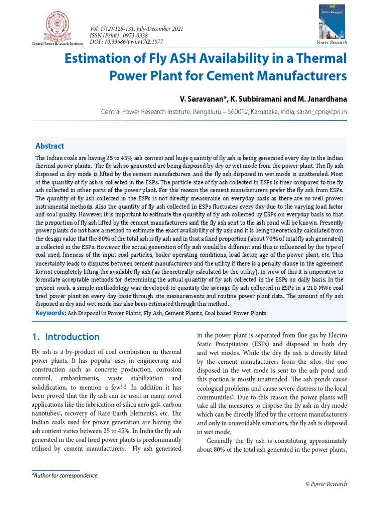 Estimation of Fly ASH Availability in A Thermal Power Plant For Cement Manufacturers | PDF