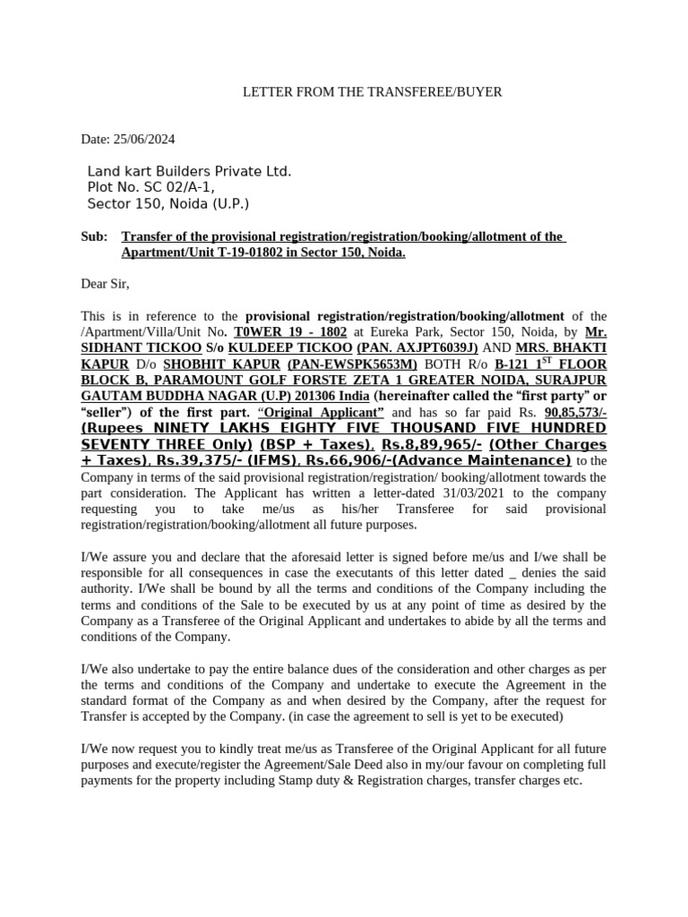 Transferee Final Buyer T19-1802 Shivank | PDF
