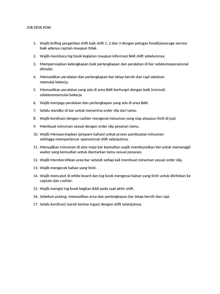 Job Desk Koki | PDF