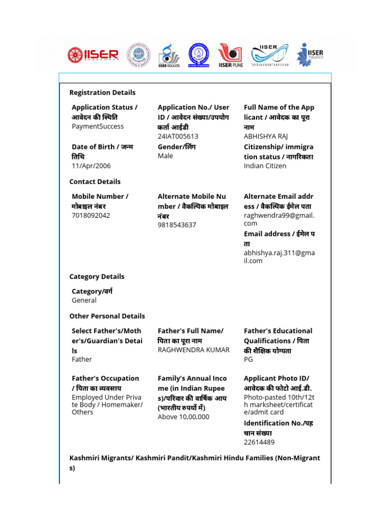 IISER Admission Form 2024 | PDF