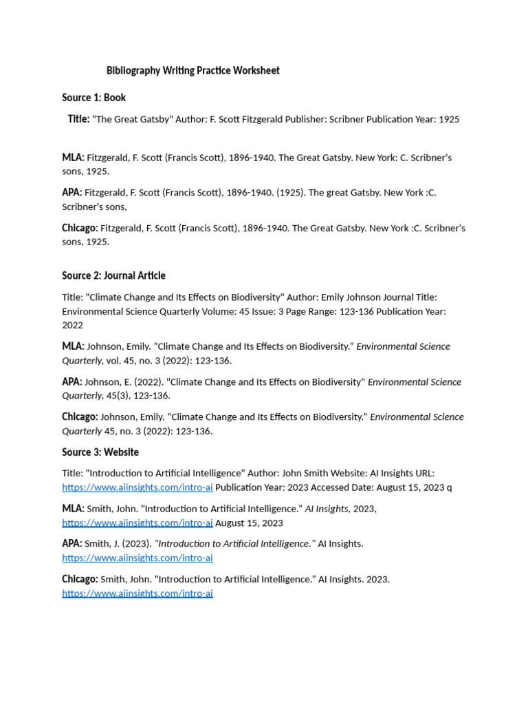 Bibliography Writing Practice Worksheet G8 Q1 | PDF