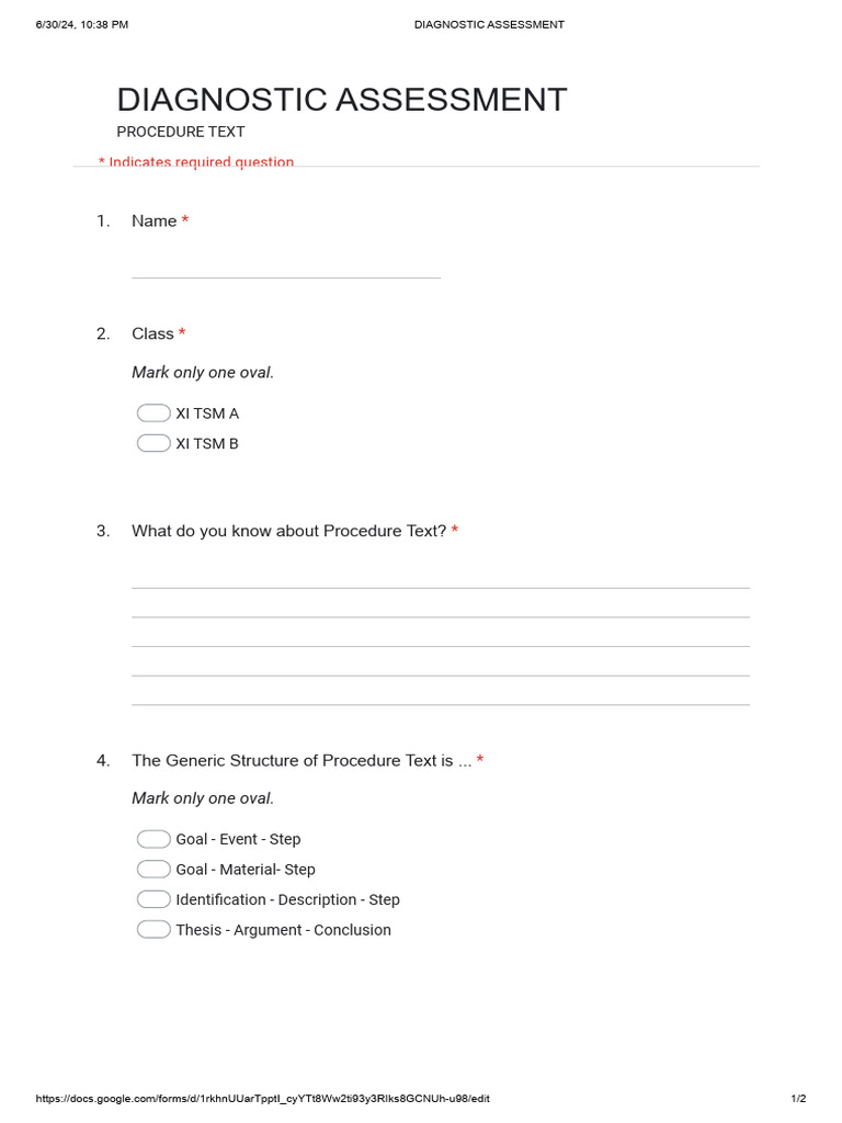 DIAGNOSTIC ASSESSMENT - Google Forms | PDF