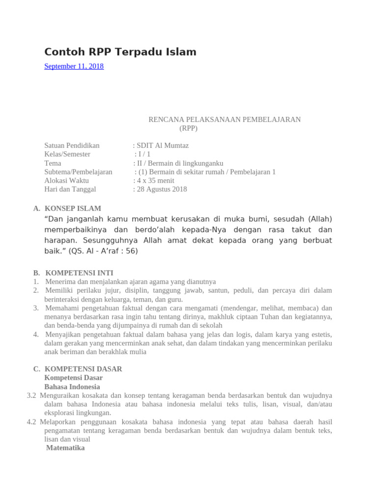 Contoh RPP Terpadu Islam | PDF