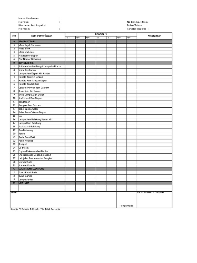 Form Inspeksi Motor | PDF