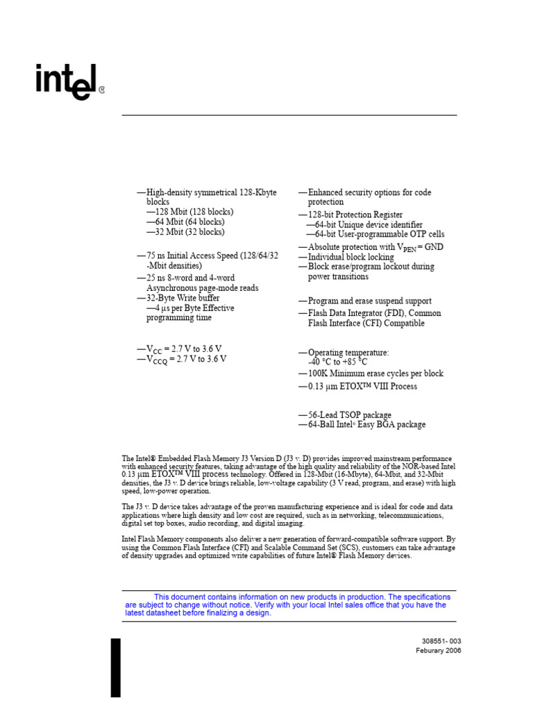 Intel® Embedded Flash Memory (J3 v. D) : Product Features | PDF
