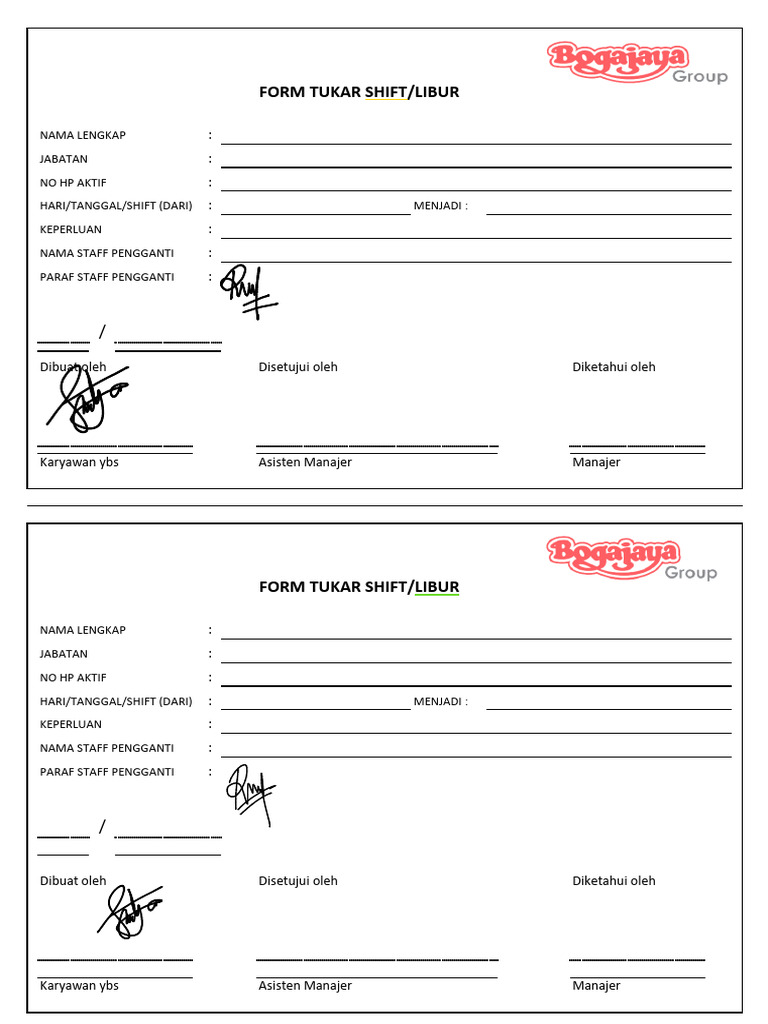 Form Tukar Shift Dan Libur Sintya | PDF