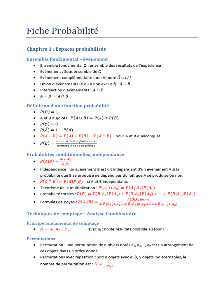20XX-XX Cours Fiche Espaces-Probabilises Proba | PDF