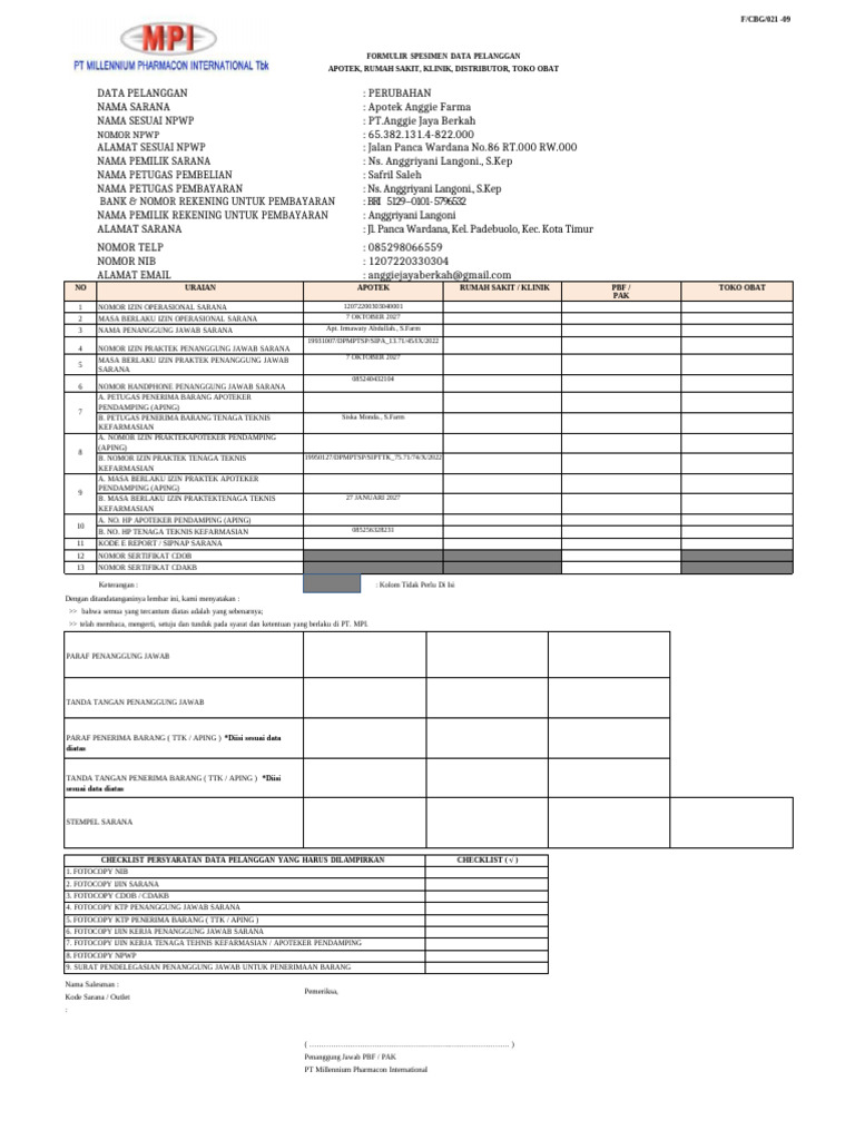 FCBG021-09 Formulir Spesimen Data Pelanggan Apotek Rumah Sakit PBF Toko ...