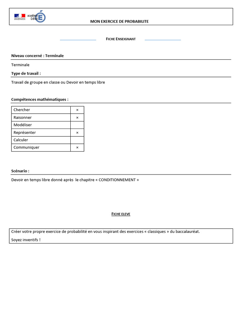 Fiche Prof Mon Exercice de Proba | PDF