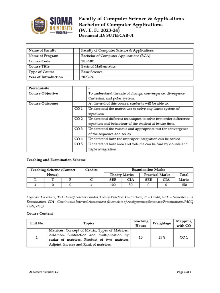 1BBM01 - Basics of Mathematics | PDF | Matrix (Mathematics) | Teaching ...