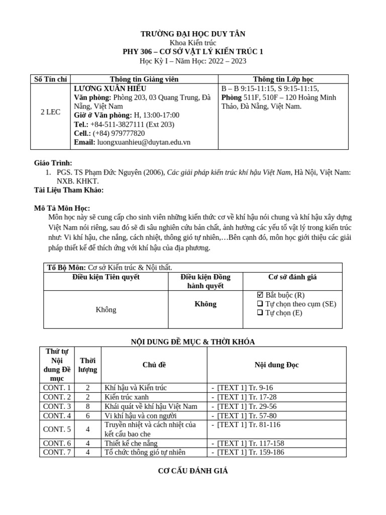 PHY 306 - Co So Vat Ly Kien Truc 1 - 2020S - Syllabus | PDF