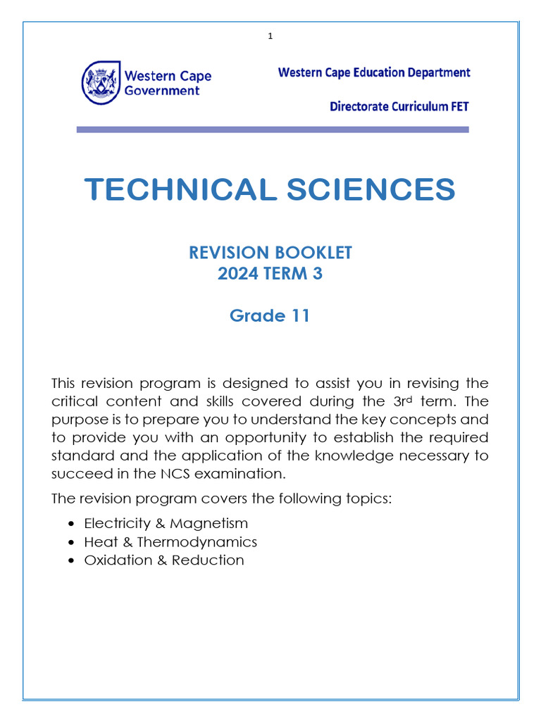 WCED Technical Sciences GR 11 Revision Booklet 2024 Term 3 | PDF