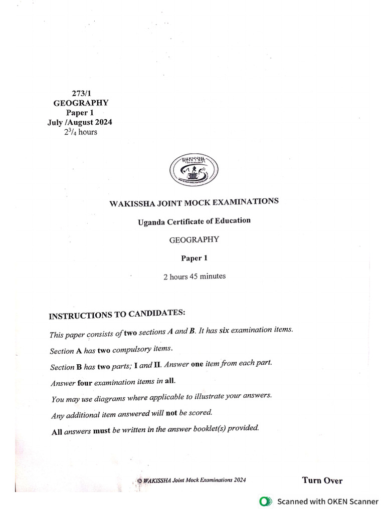 Wakissha Joint Mocks Examinations Uce 2731 Geography Past Paper 2024 | PDF