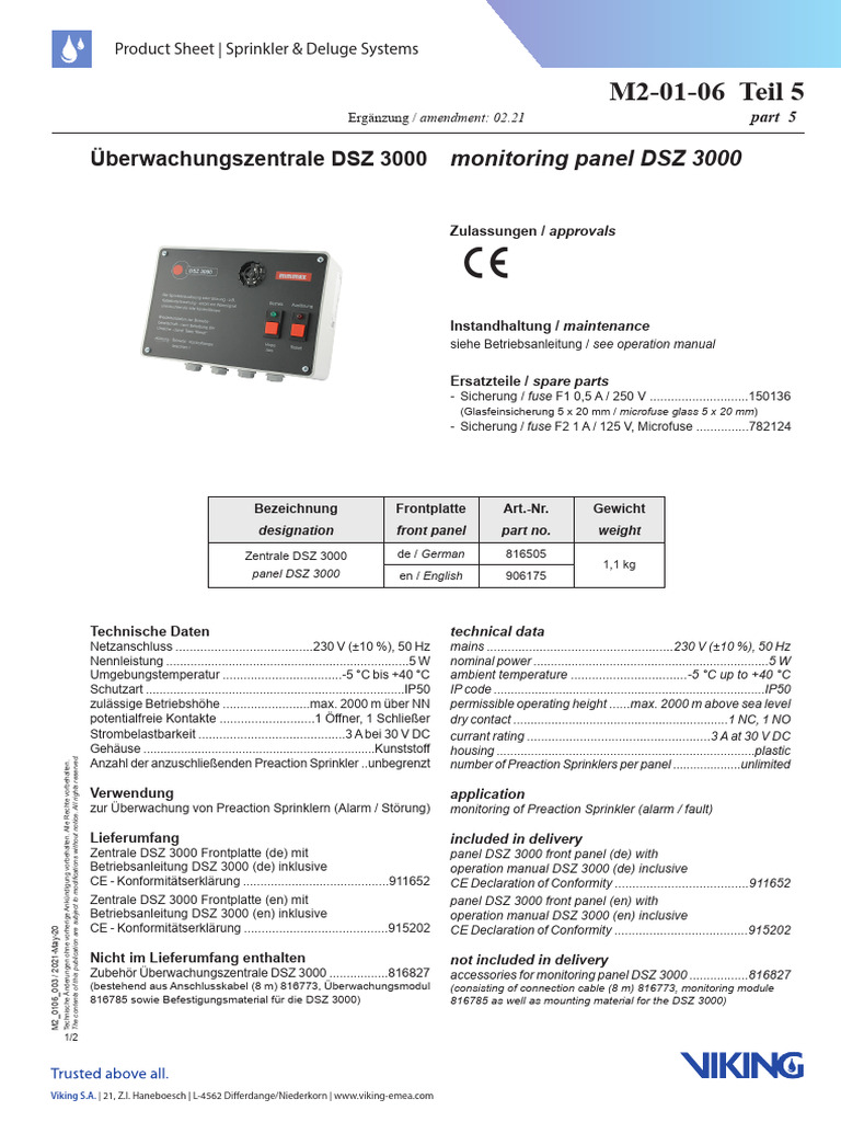 6857 Monitoring Panel DSZ 3000 Product Sheet M2 0106 003 English German ...
