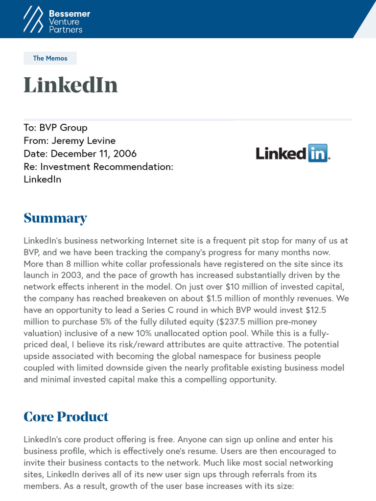 Bessemer Venture Partners Investment Memo LinkedIn 1722106006 | PDF | Linked In | Subscription ...