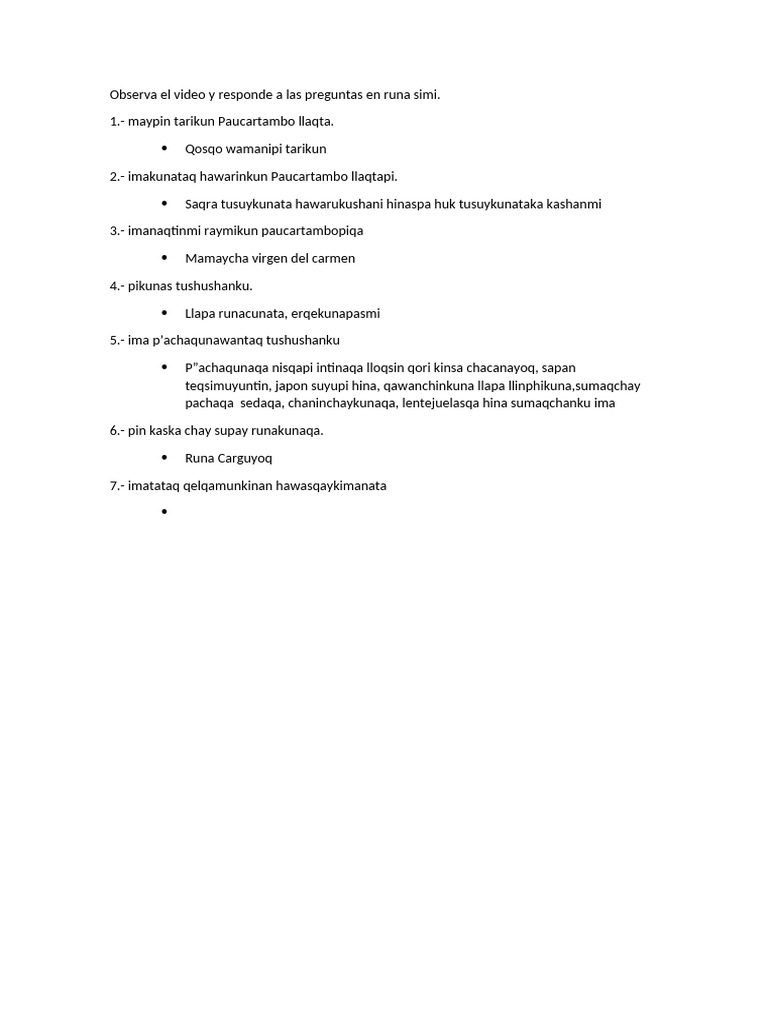 Observa El Video y Responde A Las Preguntas en Runa Simi | PDF