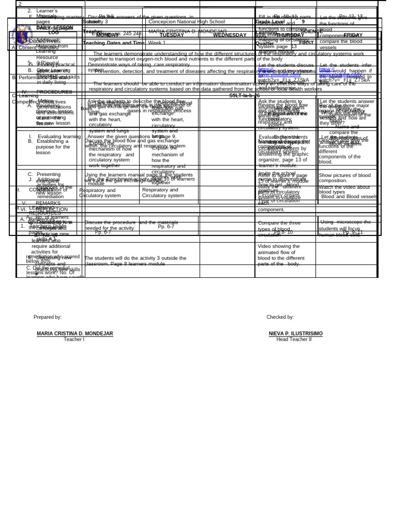 Grade 9 Science Lesson Plan: Circulatory & Respiratory Systems | PDF ...