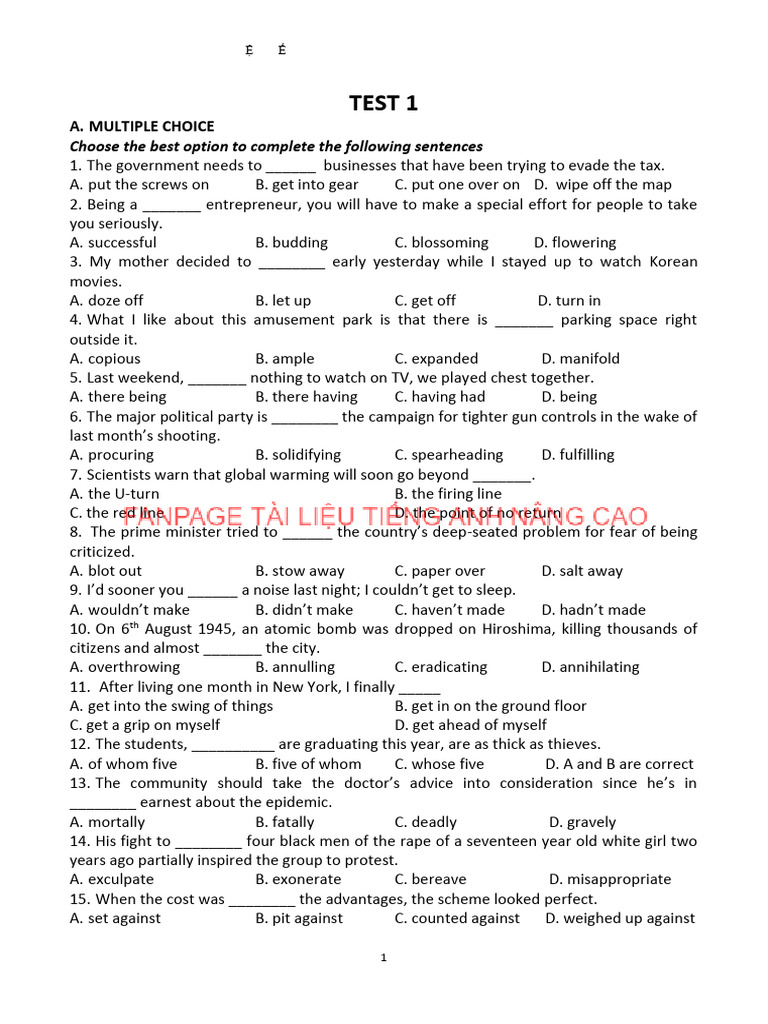 ADVANCED GRAMMAR VOCABULARY PRACTICE TESTS 1 15 Trang | PDF