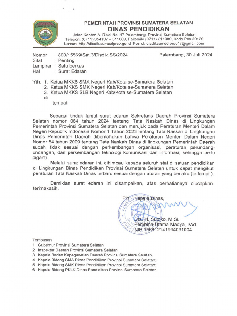 Surat Edaran Tata Naskah Dinas Satuan Pendidikan Prov Sumsel | PDF