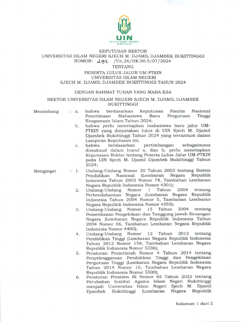 SK Lulus Jalur UM PTKIN UIN BKT 2024 | PDF