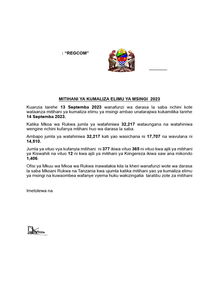 Mitihani Ya Darasa La Saba Final | PDF