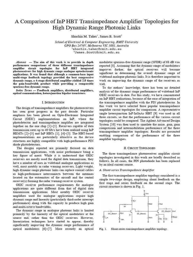 A Comparison of InP HBT Transimpedance Amplifier Topologies For High Dynamic Range Photonic ...