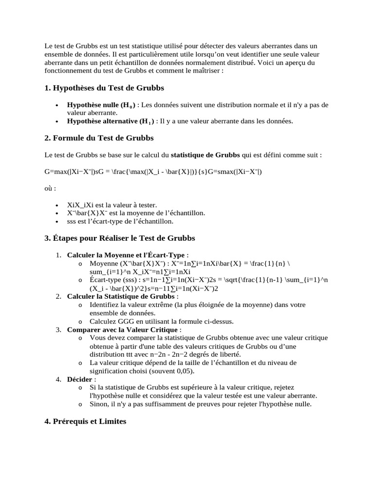 Le Test de Grubbs Est Un Test Statistique Utilisé Pour Détecter Des ...