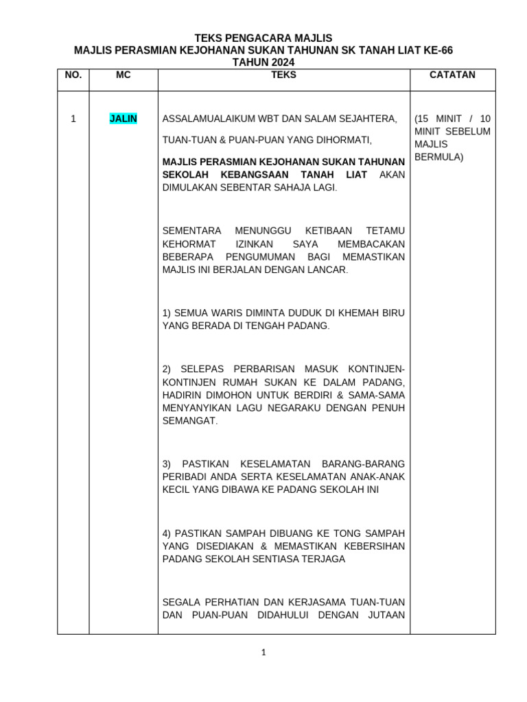 Teks MC Hari Sukan Sekolah SKTL 2024 Saya | PDF