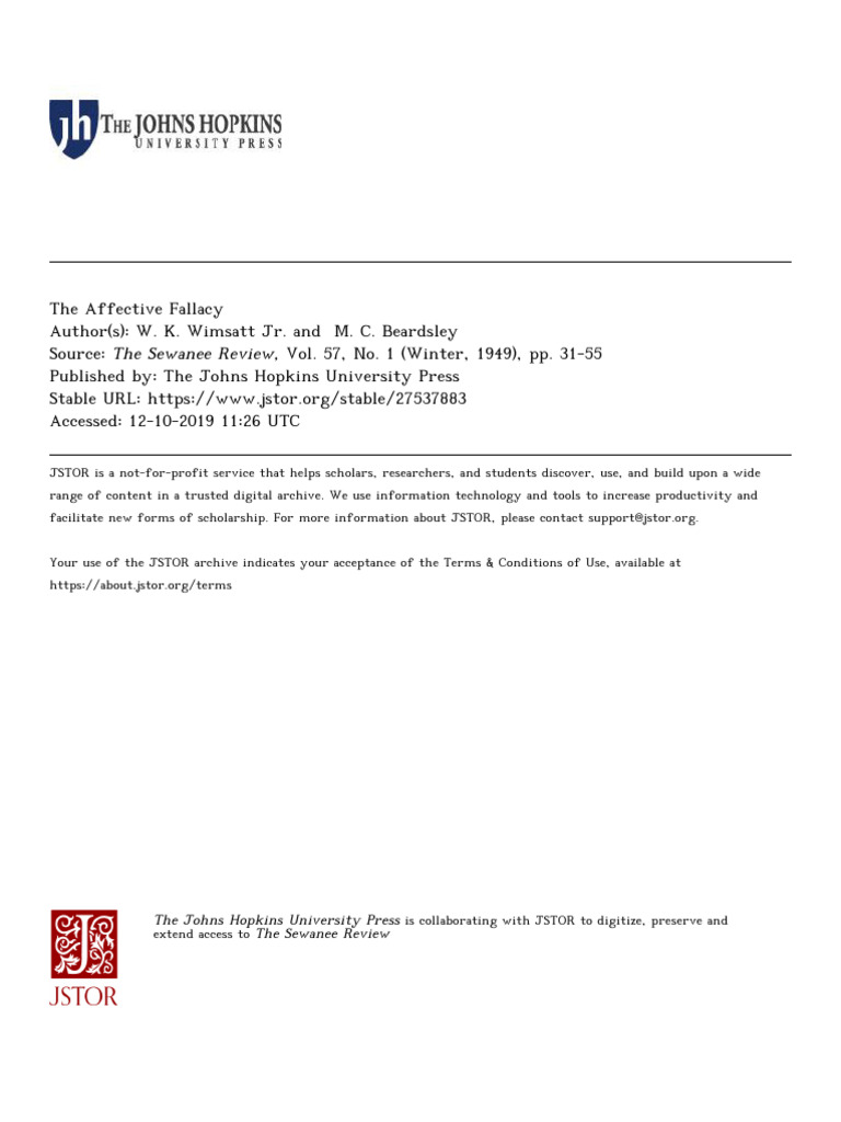 Wimsatt, Jr. W.K. and M.C. Beardsley. The Affective Fallacy | PDF