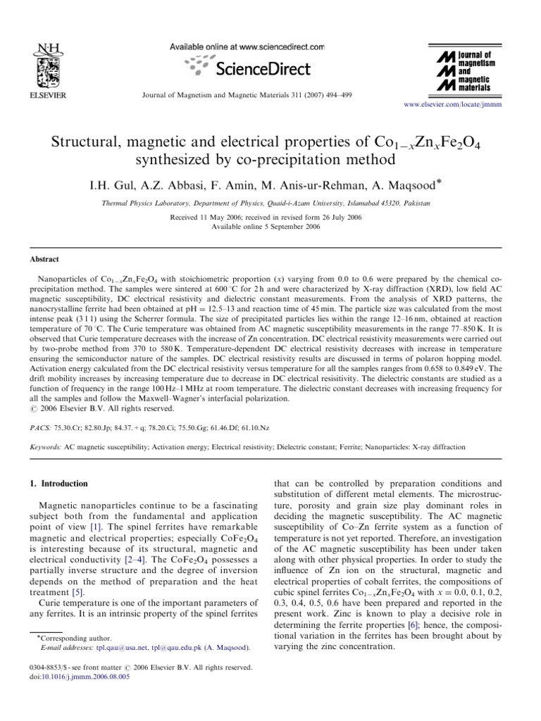 12 Structural, Magnetic and Electrical Properties of Co1xZnxFe2O4 Synthesized by Co ...