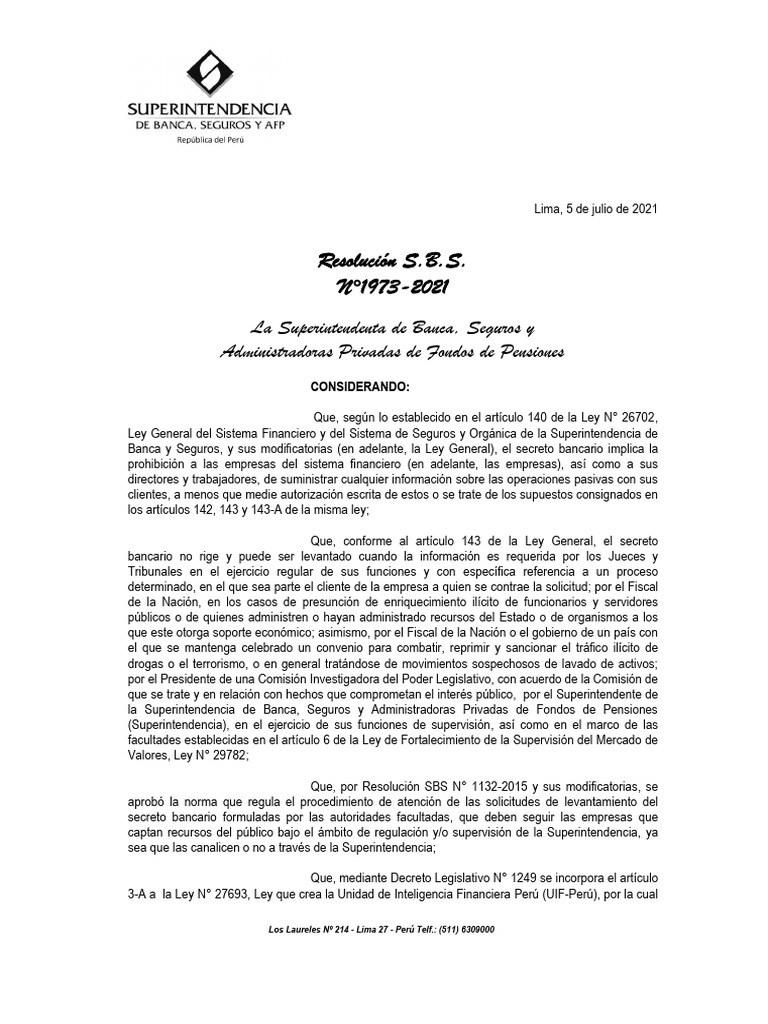 Resolución S.B.S. N°1973-2021: La Superintendenta de Banca, Seguros y Administradoras Privadas ...