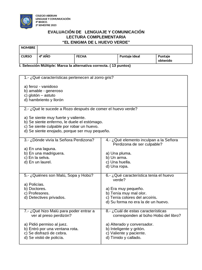 Evaluacion El Enigma Del Huevo Verde | PDF